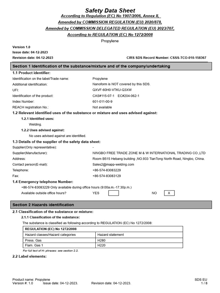 Propylene-CLP-SDS-EN 2020878 Mapp Gas MSDS | PDF