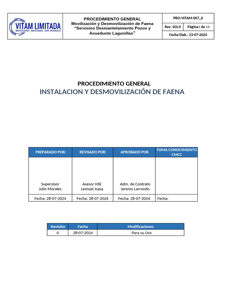 Procedimiento Instalacion y Desmovilización de Faena - B | PDF
