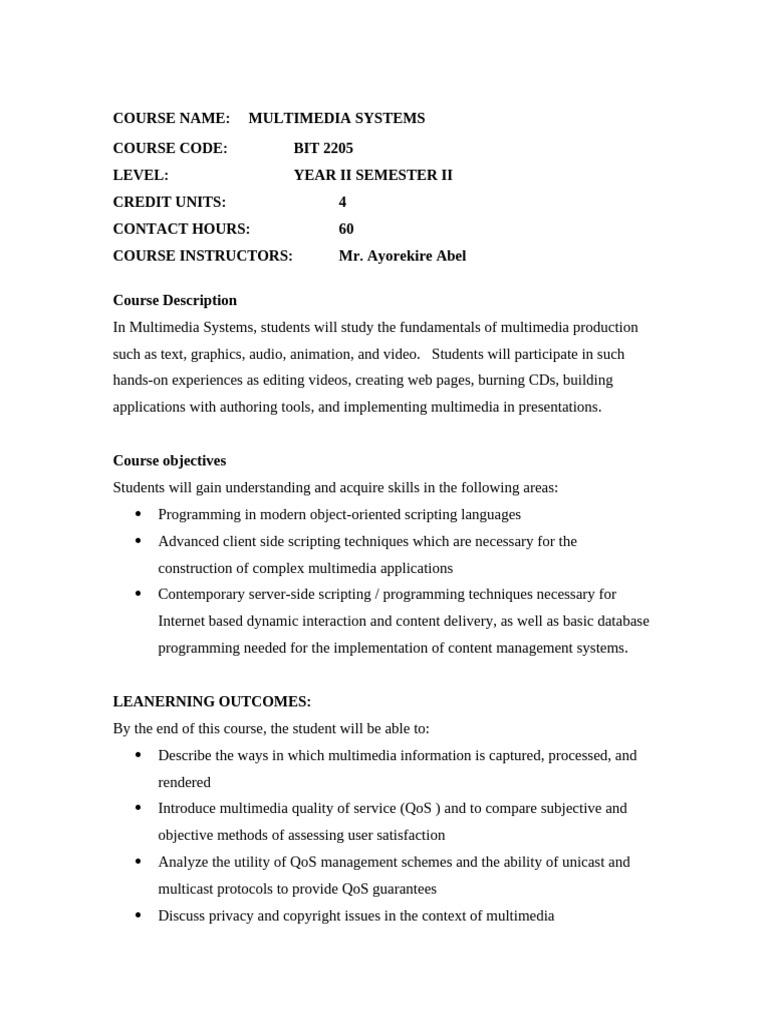 Multimedia Course Outline | PDF
