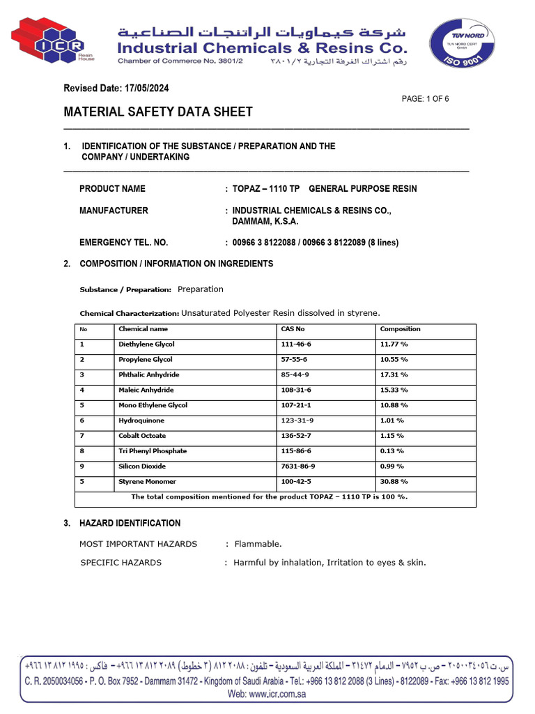 MSDS - GP RESIN Topaz-1110-TP with Composition | PDF
