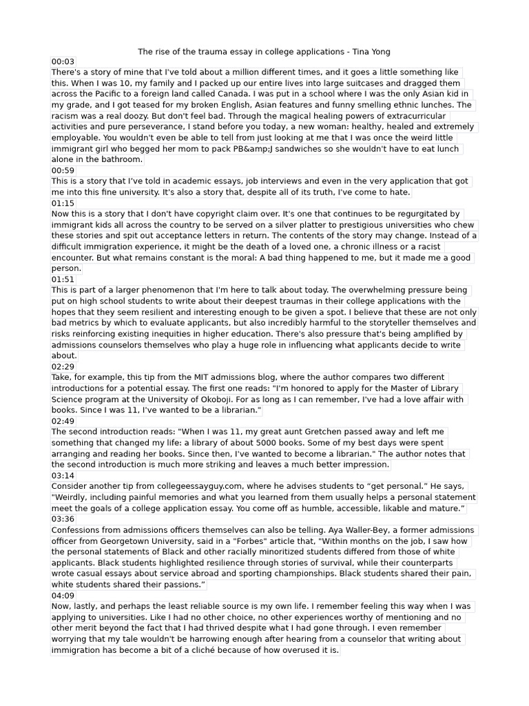 Ted Talk No.13 The Rise of The Trauma Essay in College Applications ...