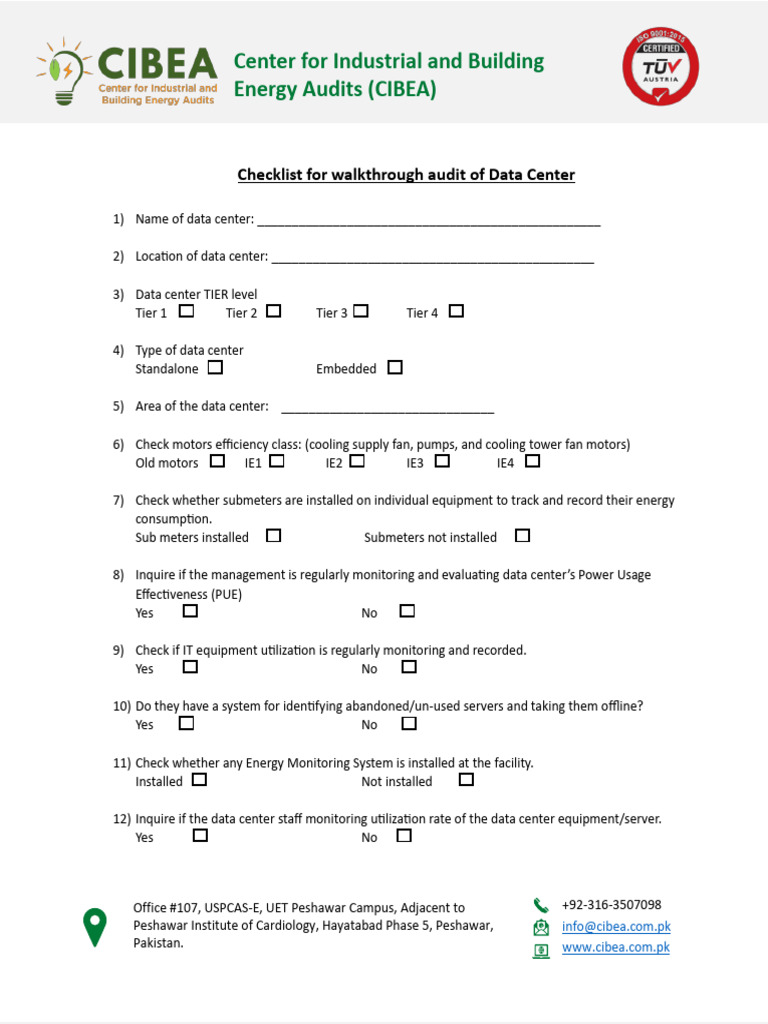 Checklist For Walkthrough Audit of Data Centers | PDF
