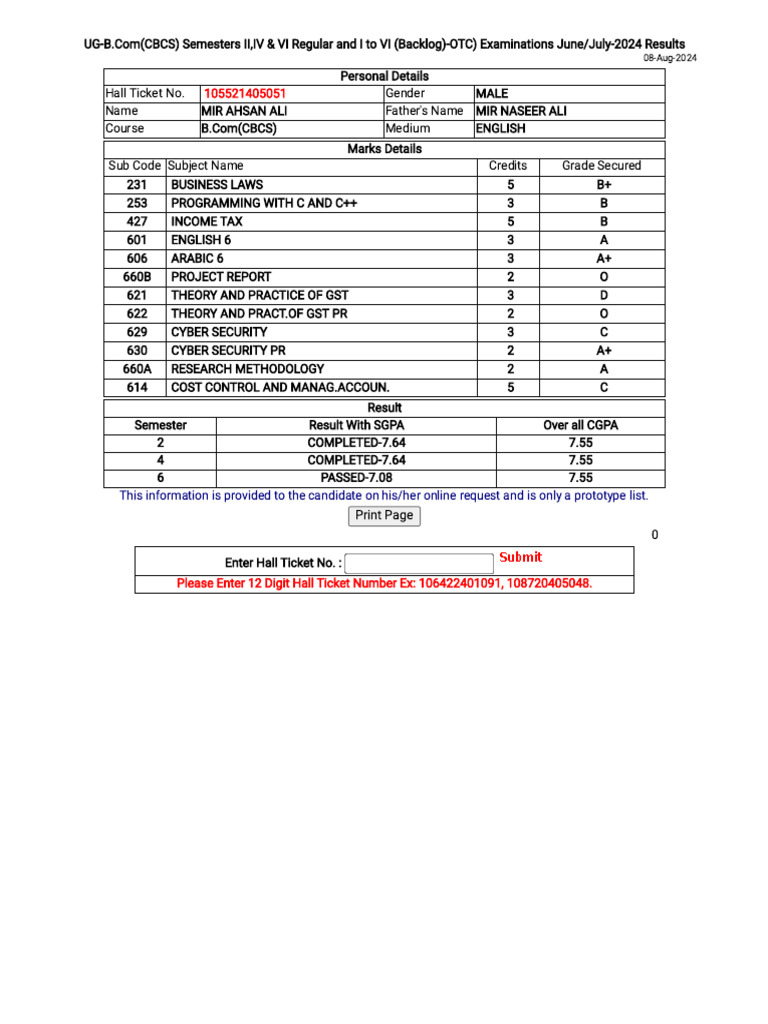Osmania University B.Com Results 2024 | PDF