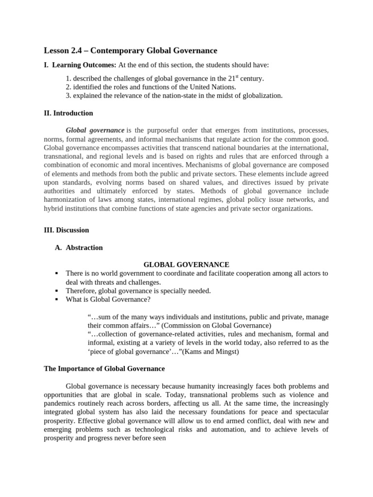 Lesson 2.4 Contemporary Global Governance | PDF