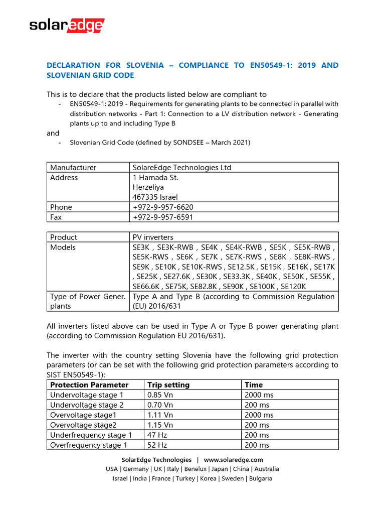 SolarEdge Self-Declaration For Slovenia EN 50549-1 | PDF