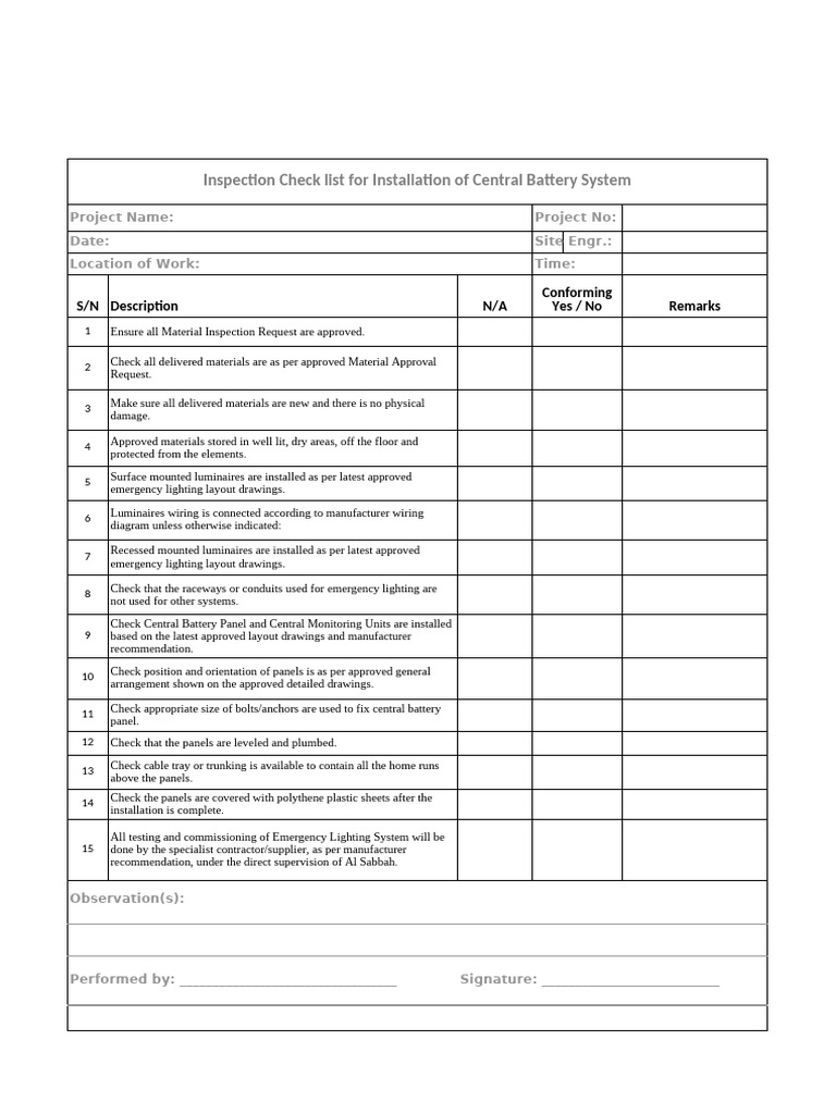 Checklist Central Battery System Installation | PDF
