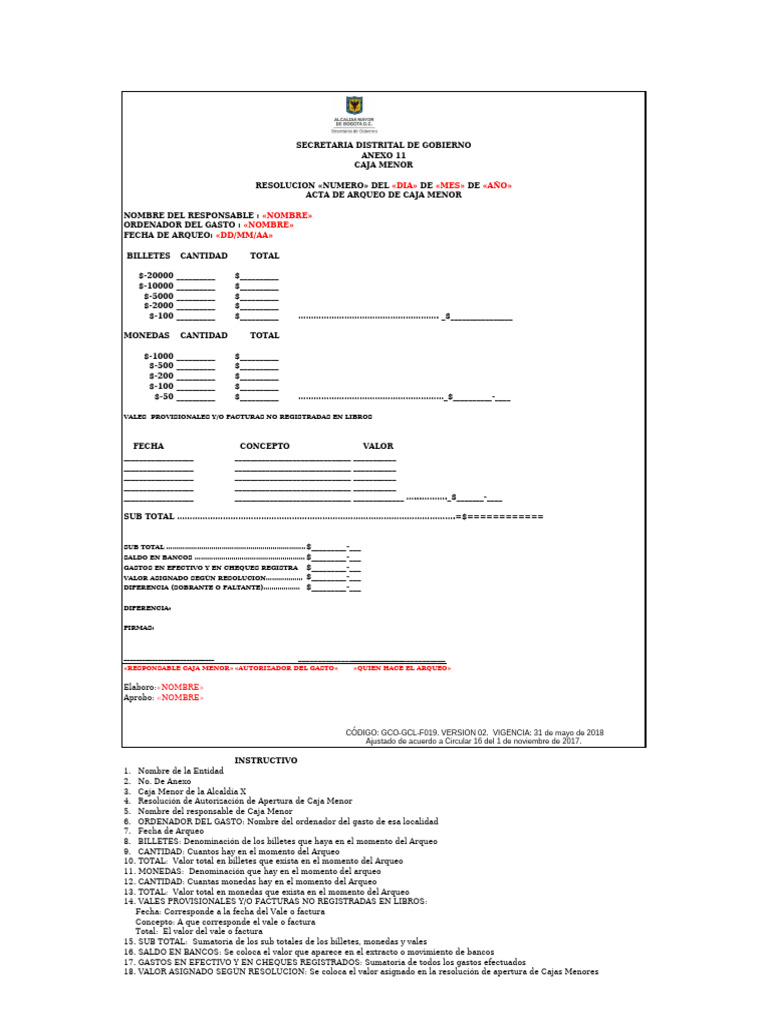 FORMATO DE ACTA DE ARQUEO DE CAJA MENOR | PDF