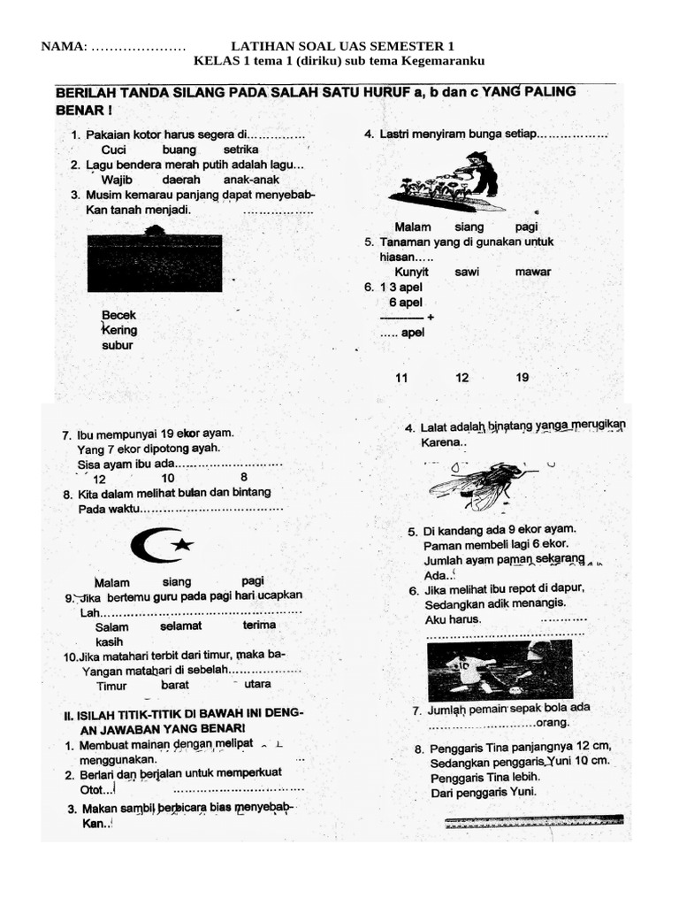 Soal Uas 1 Tema 1 Diriku Sub Tema Kegemaranku 2 | PDF