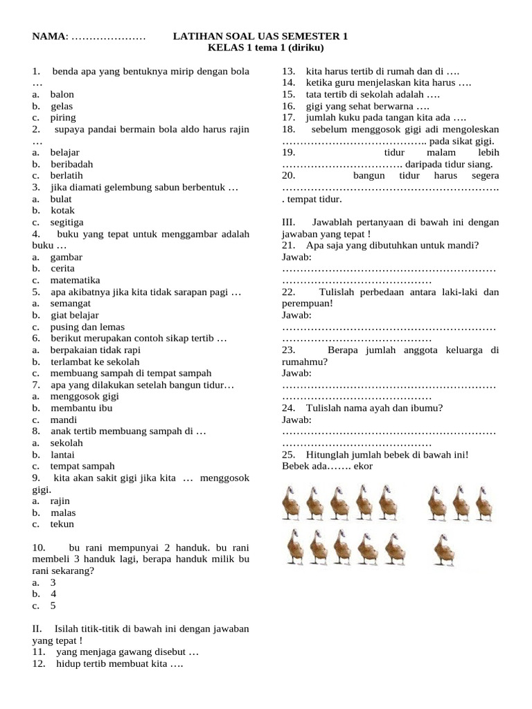 Soal Uas 1 Tema 1 Diriku | PDF
