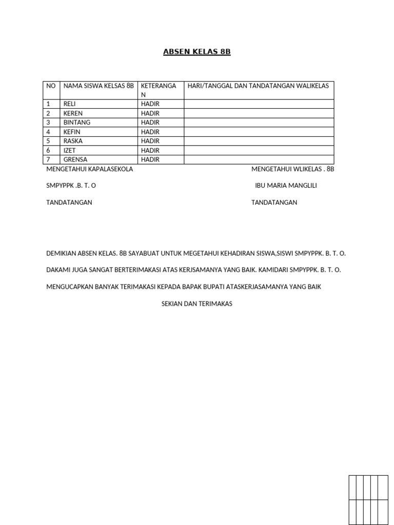 ABSEN KELAS 8B | PDF