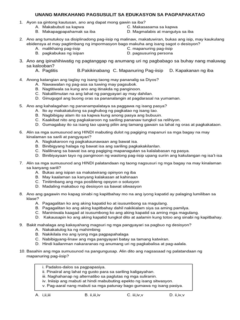 Unang Markahang Pagsusulit Sa Edukasyon Sa Pagpapakatao | PDF Unang Markahang Pagsusulit Sa Edukasyon Sa Pagpapakatao | PDF