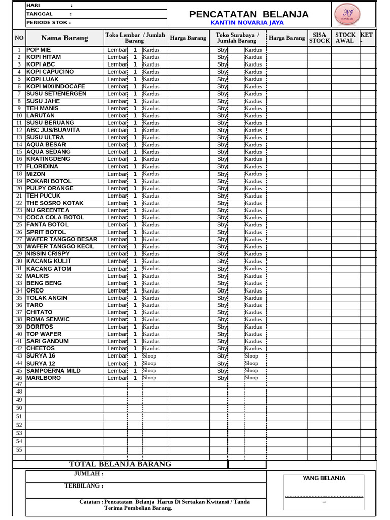 Form Belanja Kantin | PDF