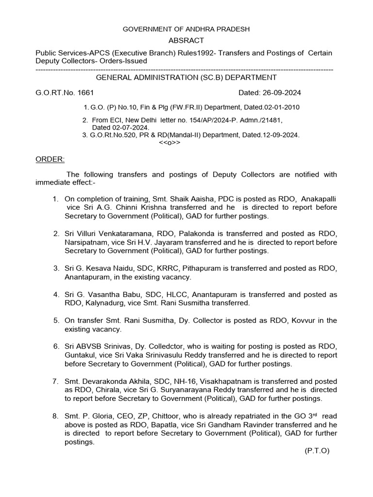 Deputy Collectors Transfer Orders 26 09 2024 | PDF