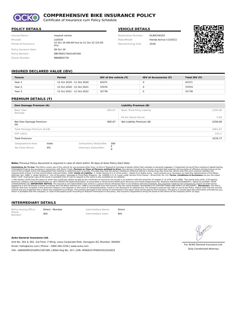 Acko Bike Policy - DBCR00174421447 - 00 | PDF