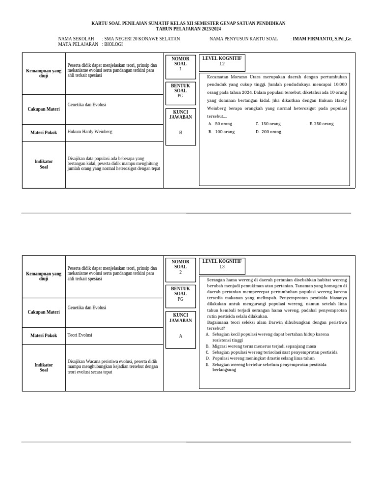 Kartu Soal Usp 2024 Fix | PDF