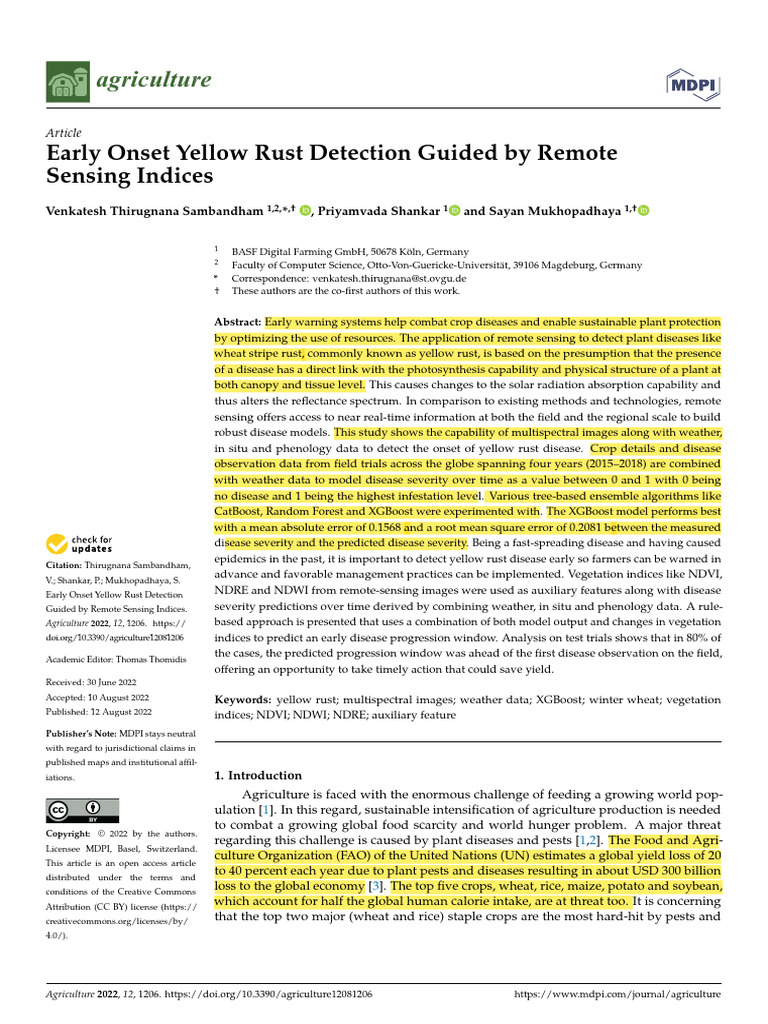 Agriculture: Early Onset Yellow Rust Detection Guided by Remote Sensing ...