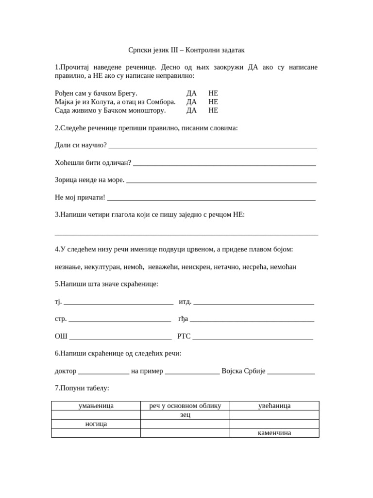 Srpski Kontrolni Zadatak III 4 Pravopis | PDF