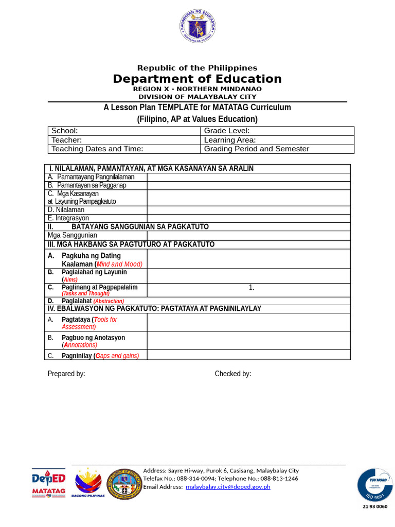 LESSON PLAN FORMAT FILIPINO AP and Values Education | PDF