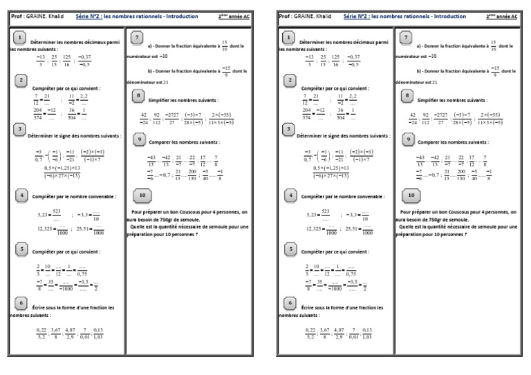 Série N°2 les nombres rationnels - Introduction | PDF
