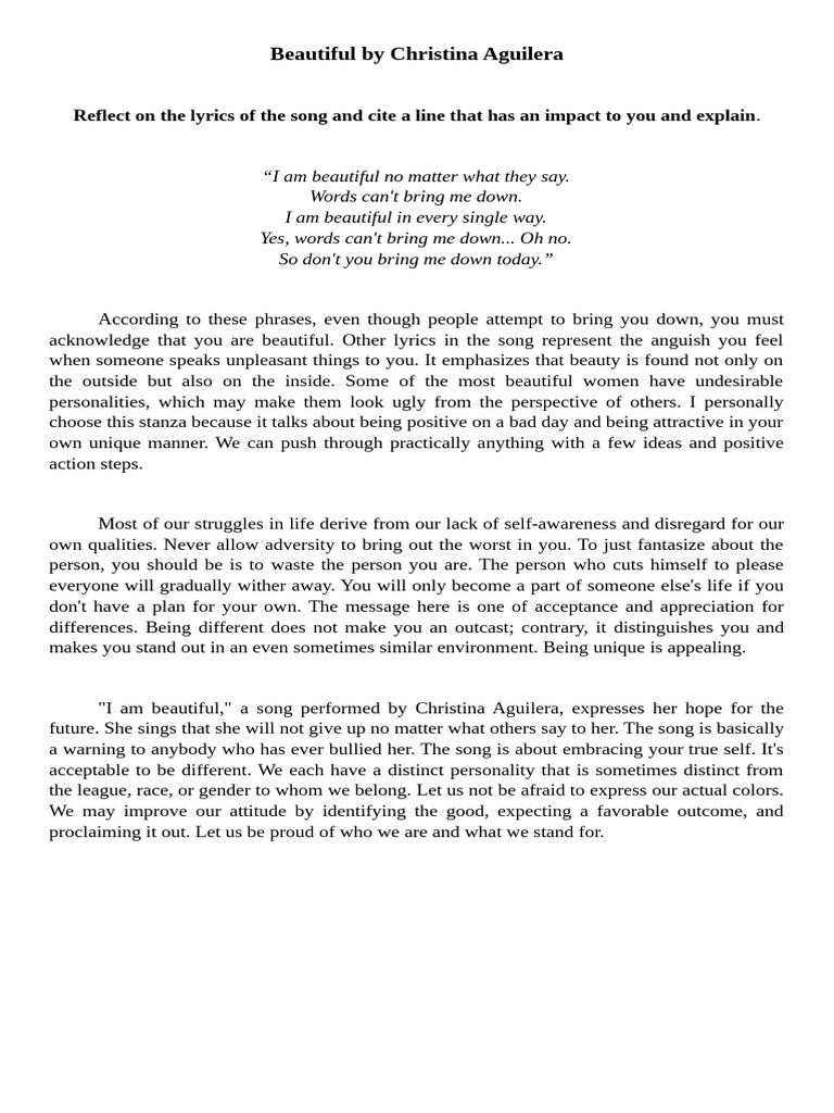 Reflection of The Song Beautiful by Christina Aguilera | PDF