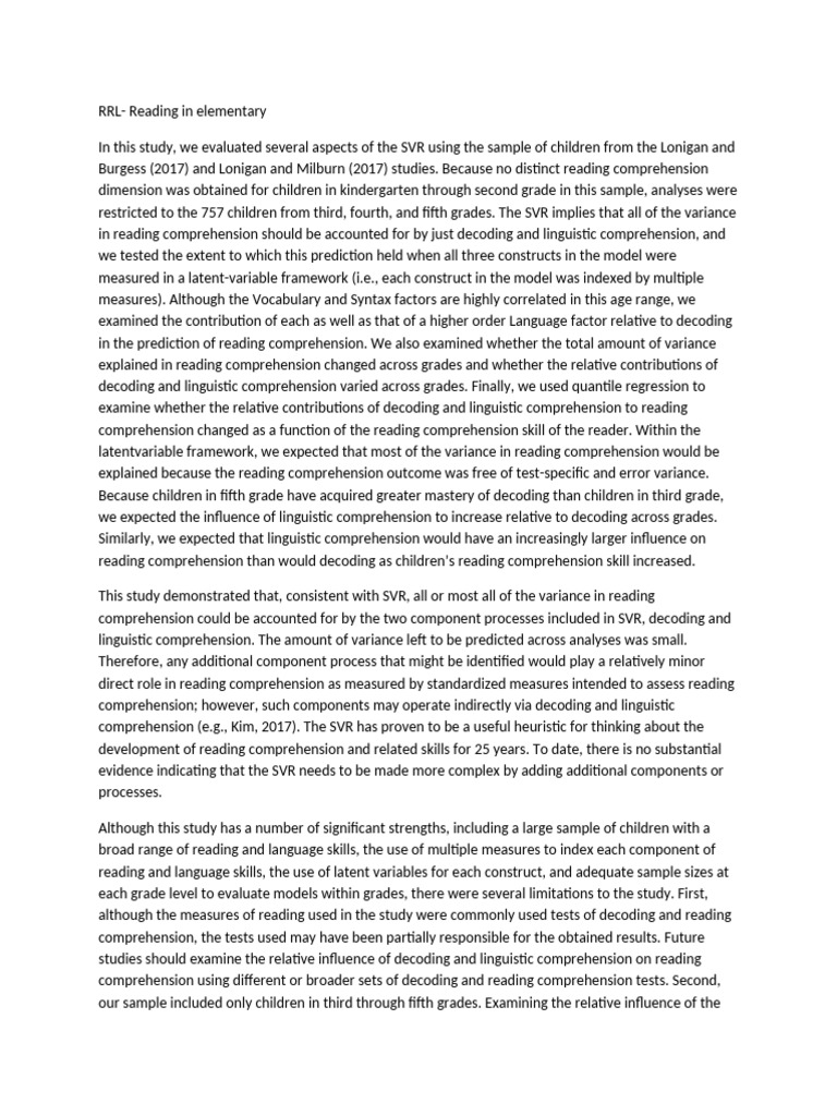 RRL Reading in Elementary | PDF | Variance | Language Arts & Discipline