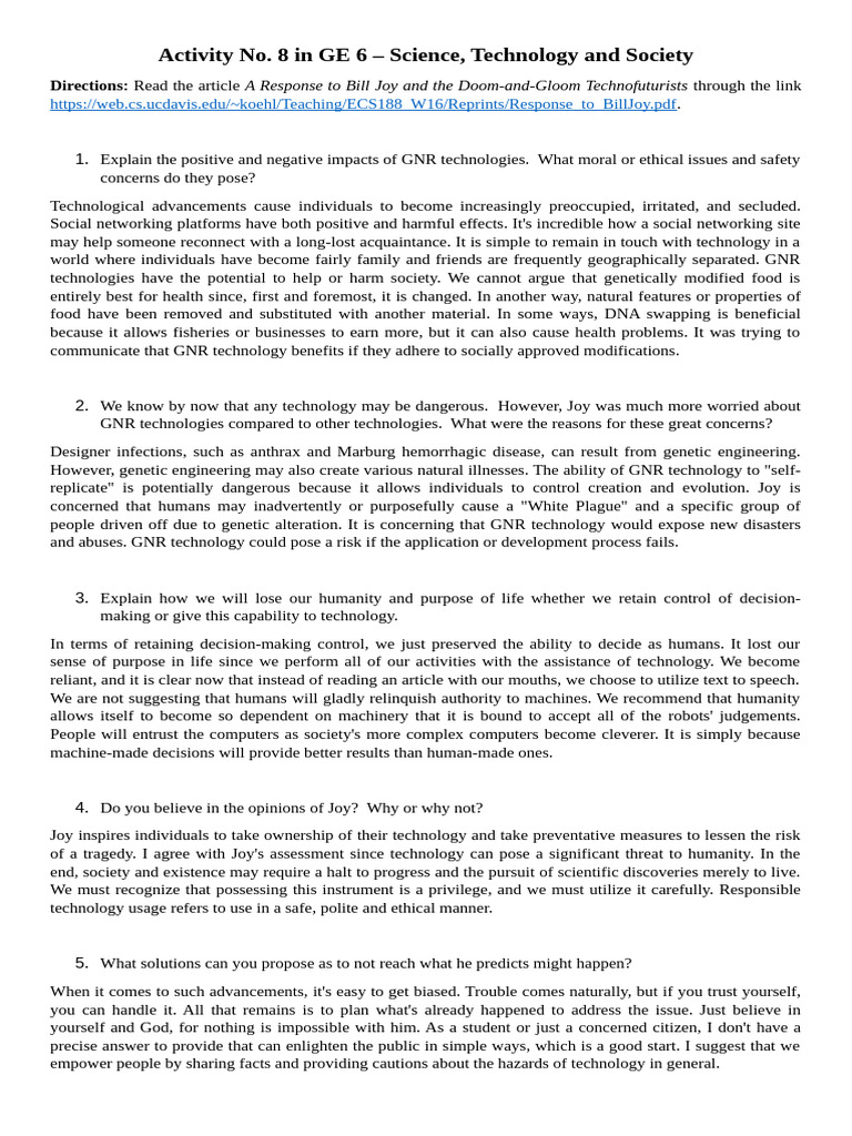 Article A Response To Bill Joy and The Doom-and-Gloom Technofuturists | PDF
