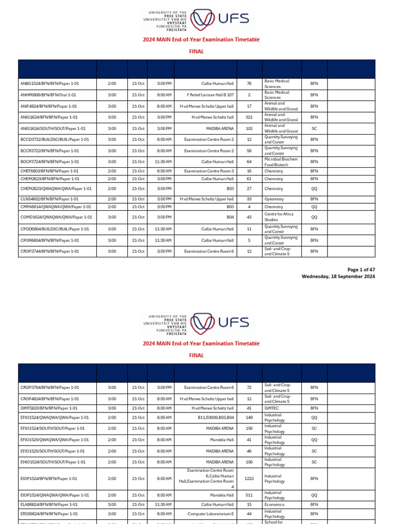 2024 Main End of Year Examination Timetable Final Amended HSC 18 Sept 2024 | PDF