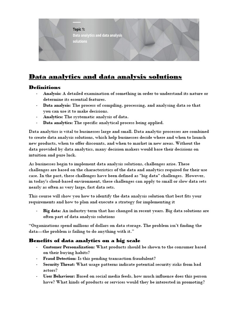 Topic 1 - Data Analytics and Data Analysis Solutions | PDF