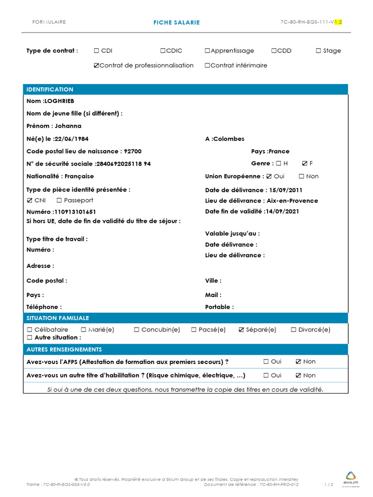 7C 80 RH EQS 111 Fiche Salarié v1.2 | PDF