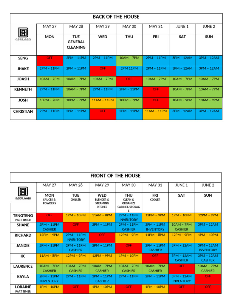 Foh and Boh Schedule (May 27 - June 2, 2024) | PDF