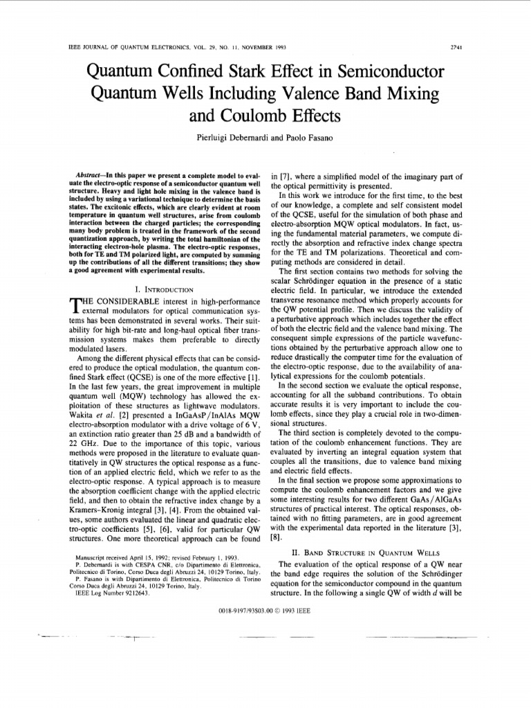 1993 Quantum Confined Stark Effect in Semiconductor Quantum Wells Including Valence Band Mixing ...