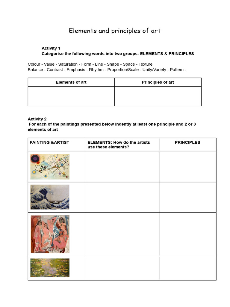 Elements and Principles of Art - Worksheet Gallery Walk | PDF