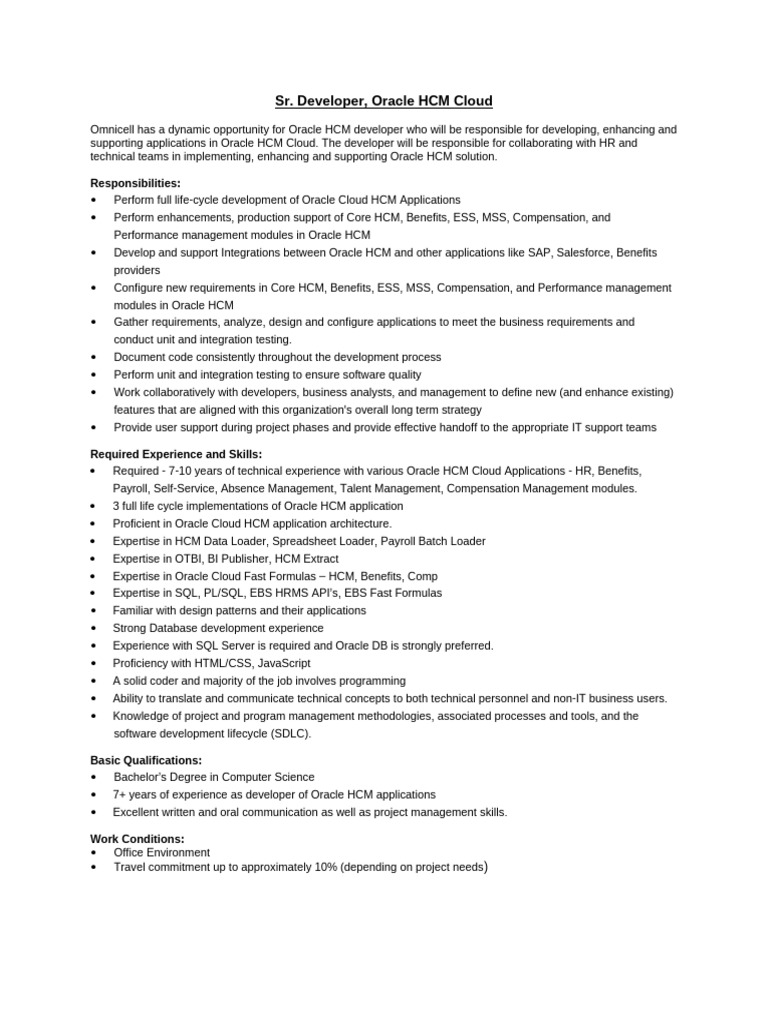 JD - Oracle HCM Cloud Developer | PDF