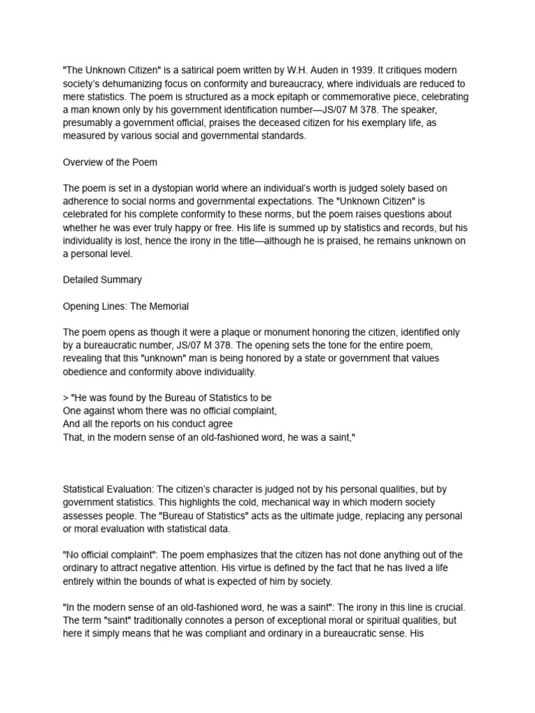 A Summary of The Unknown Citizen | PDF