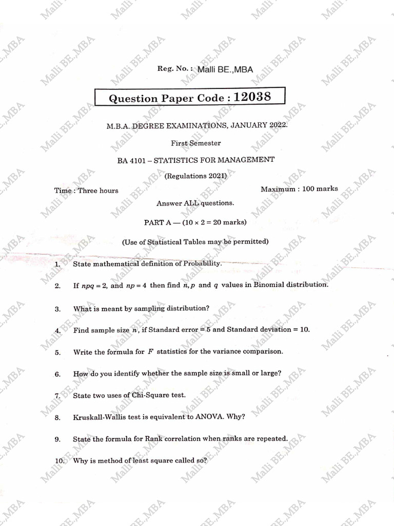 Anna University, MBA Degree Examination, January 2022regulation | PDF