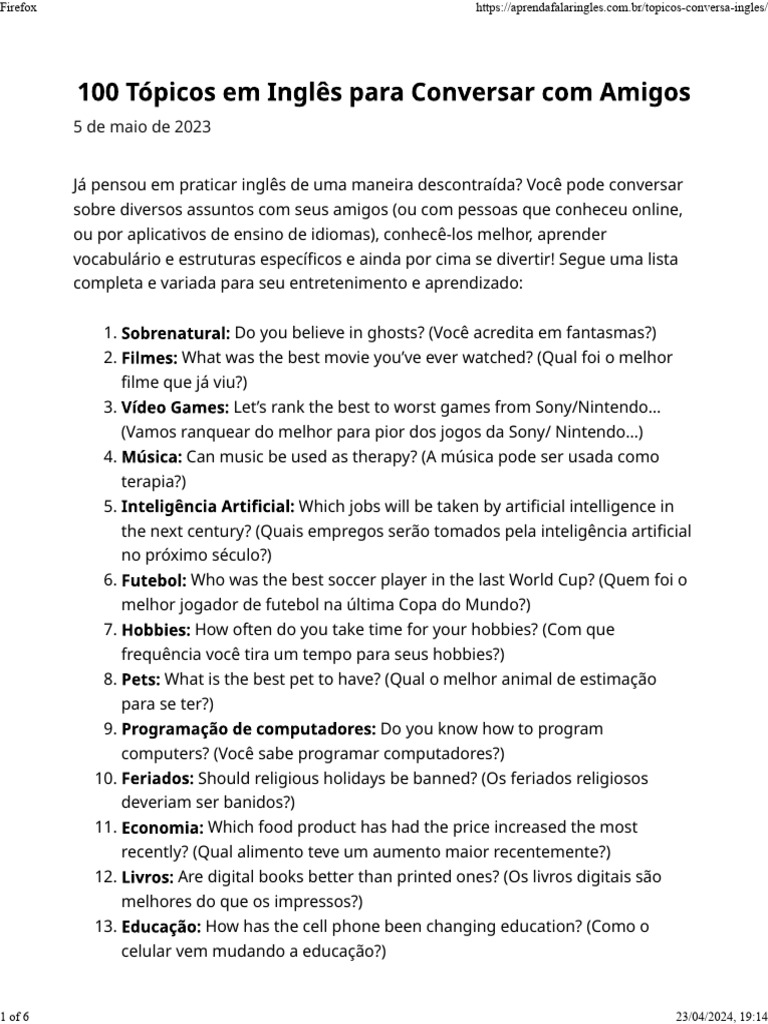 100 Tópicos em Inglês para Conversar Com Amigos | PDF