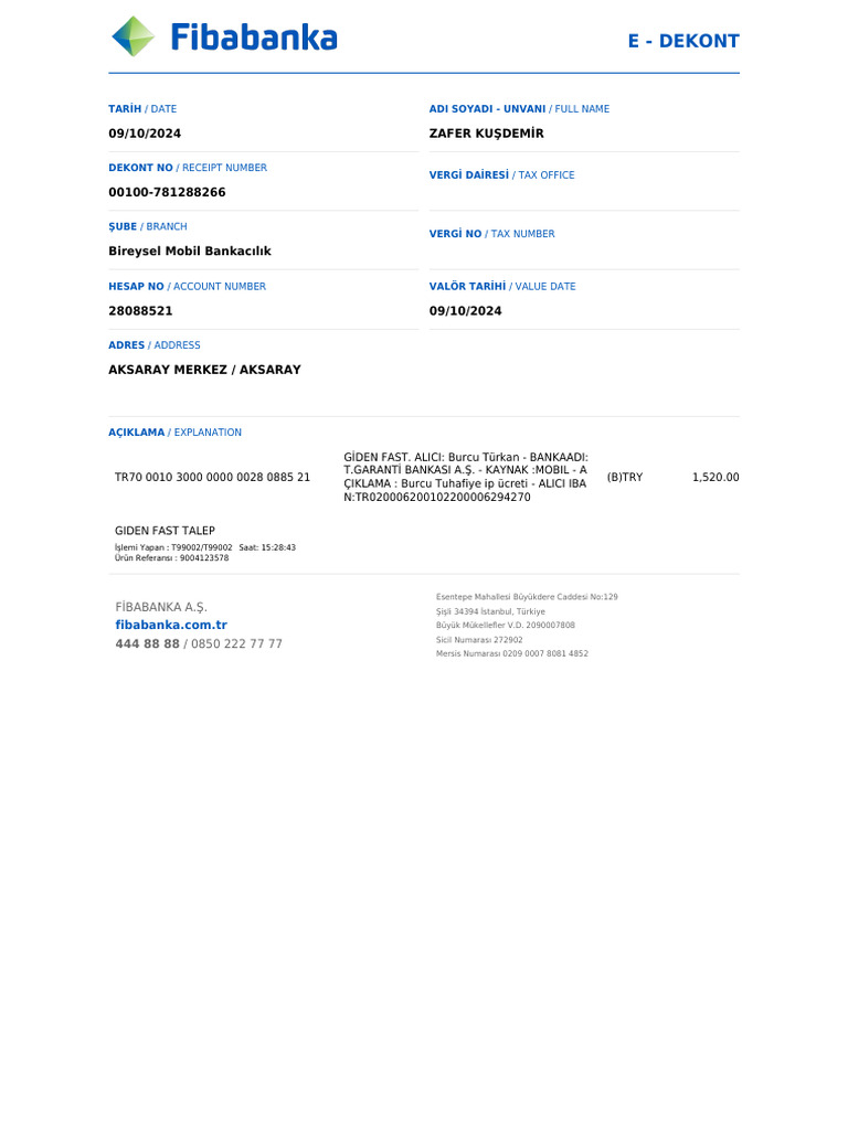 E - Dekont: 09/10/2024 Zafer Kuşdemir | PDF