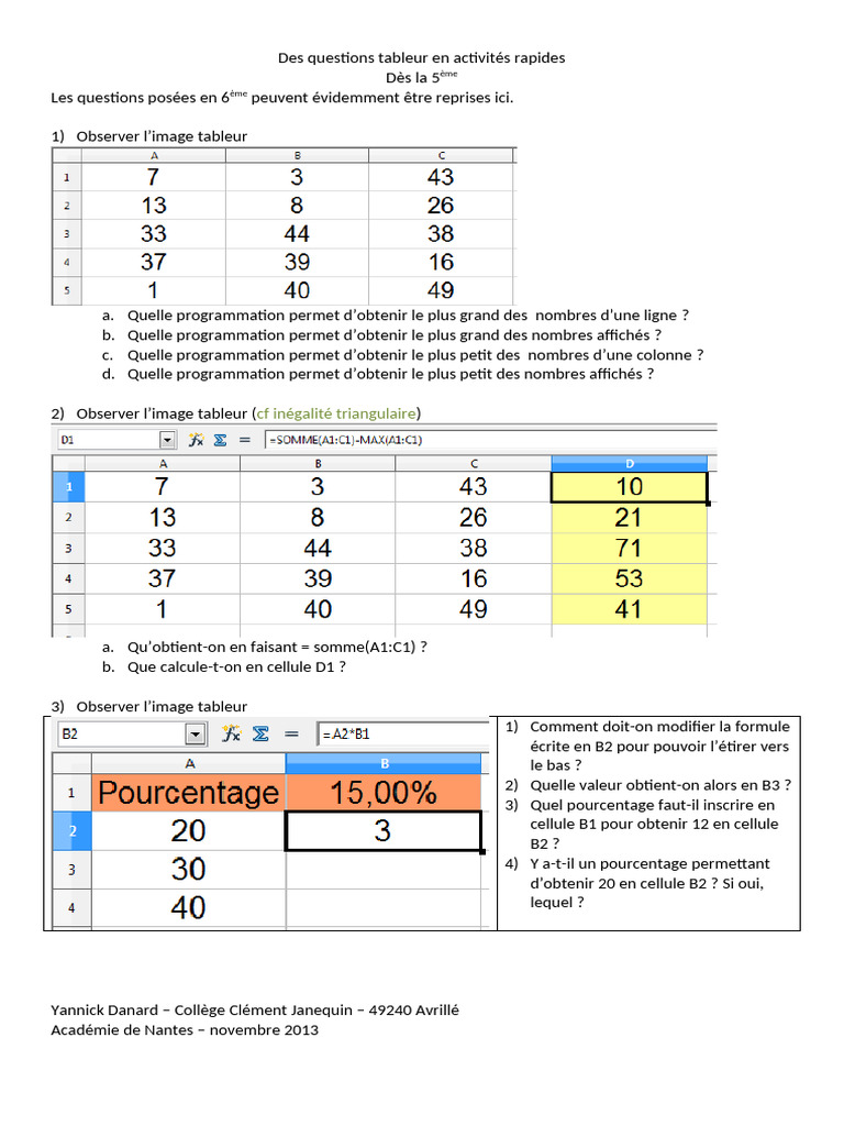 Activités rapides sur le tableur 5ème | PDF | Feuille de calcul ...