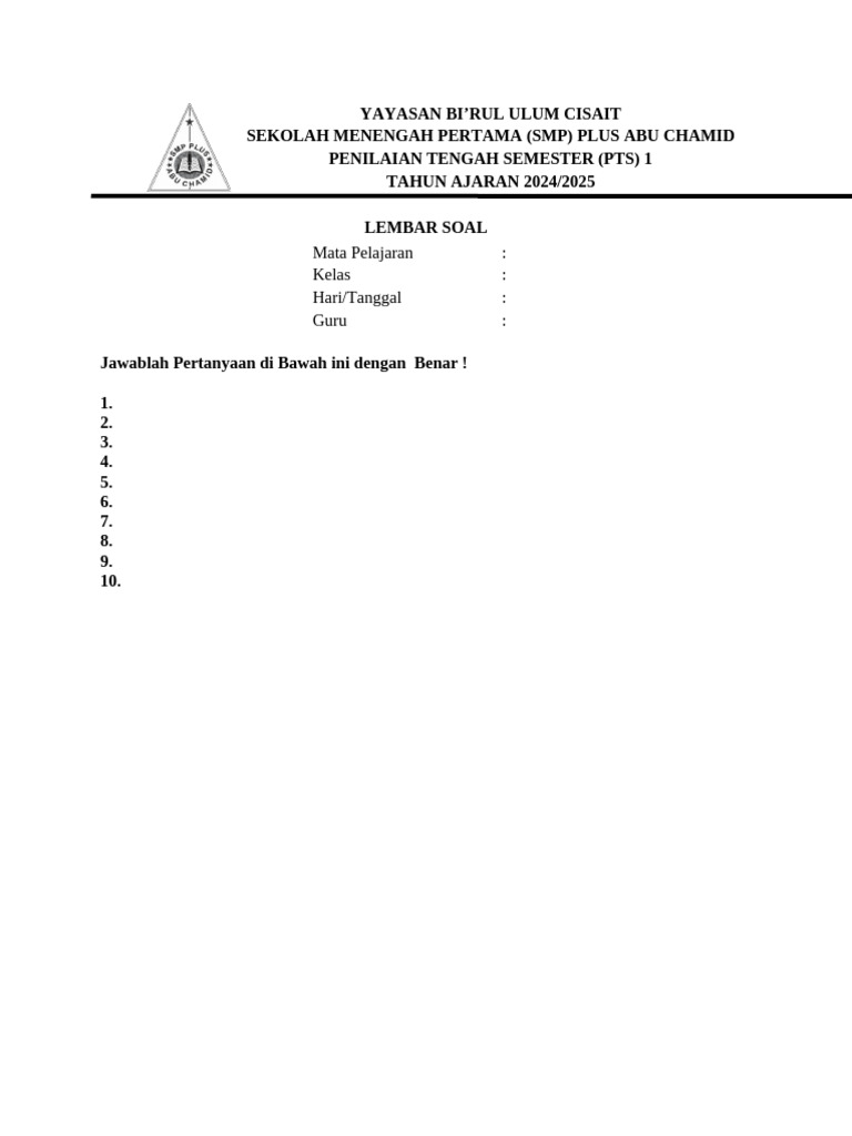 SMP PTS 1 2024 Naskah Soal (Template) | PDF