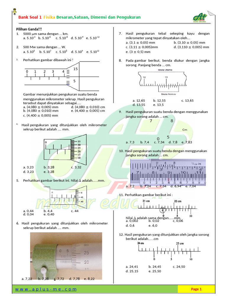 Bank Soal 1 Fisika X Besaran Satuan Dimensi Dan Pengukuran | PDF
