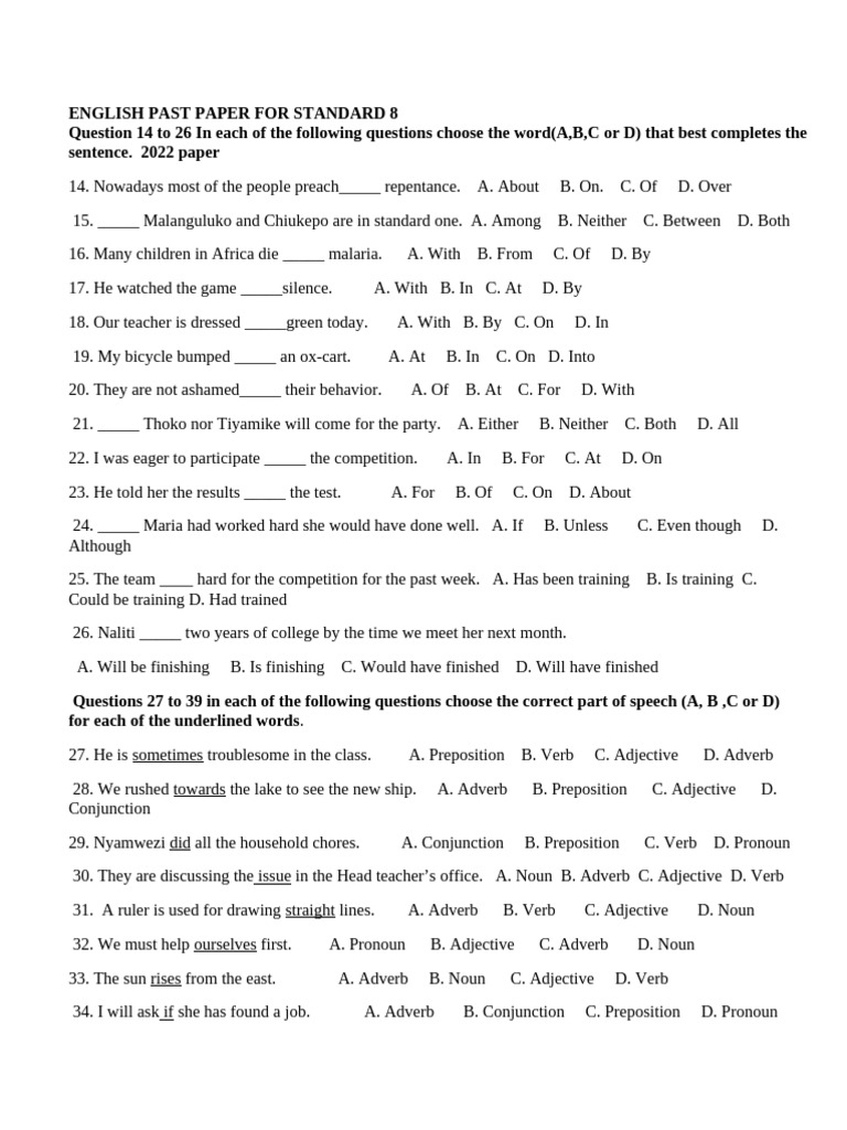 Standard 8 English Past Paper 2022 | PDF | Adverb | Adjective
