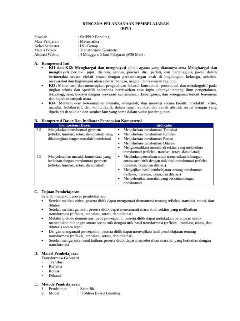RPP Transformasi Geometri Kls 9 | PDF