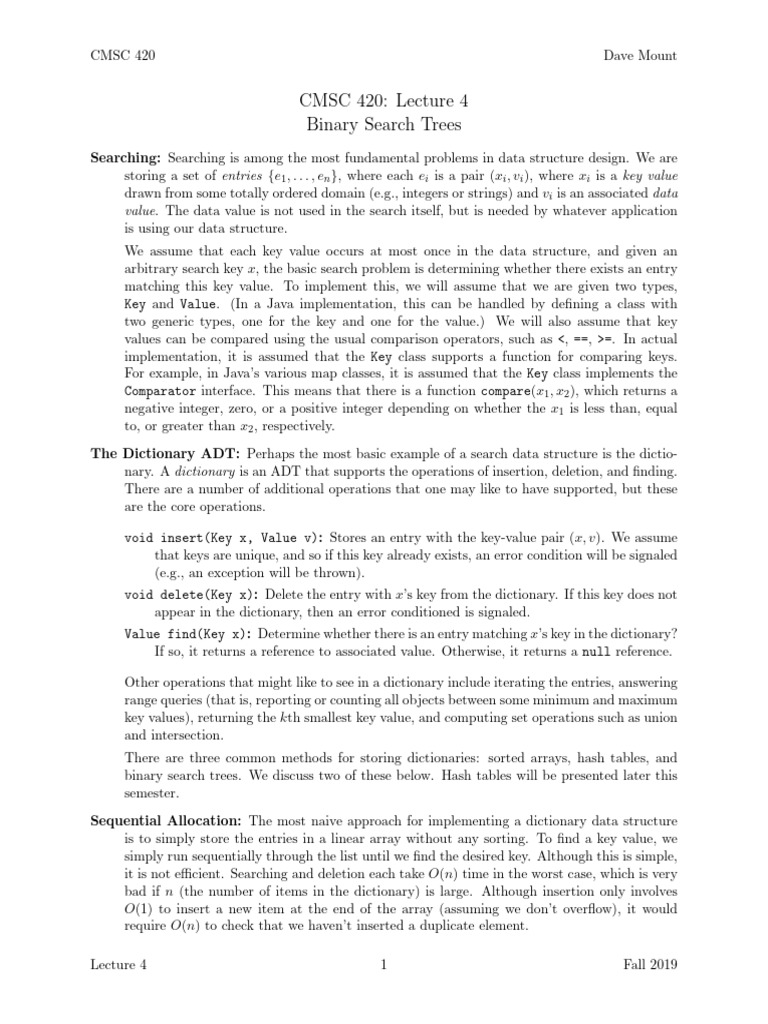 CMSC 420 Lecture 4 Binary Search Trees | PDF