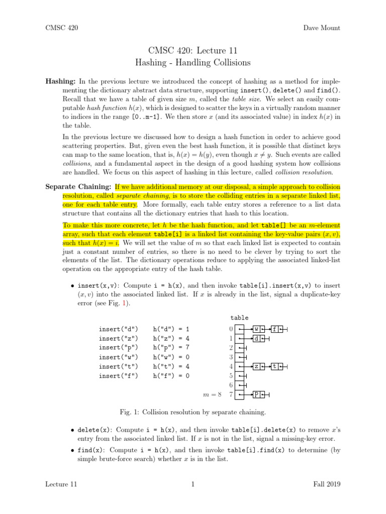 CMSC 420 Lecture 11 Hashing - Handling Collisions | PDF