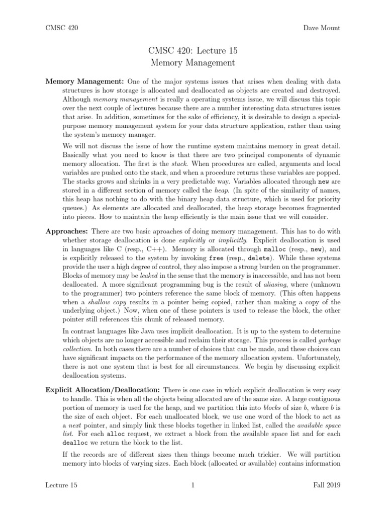 CMSC 420 Lecture 15 Memory Management | PDF