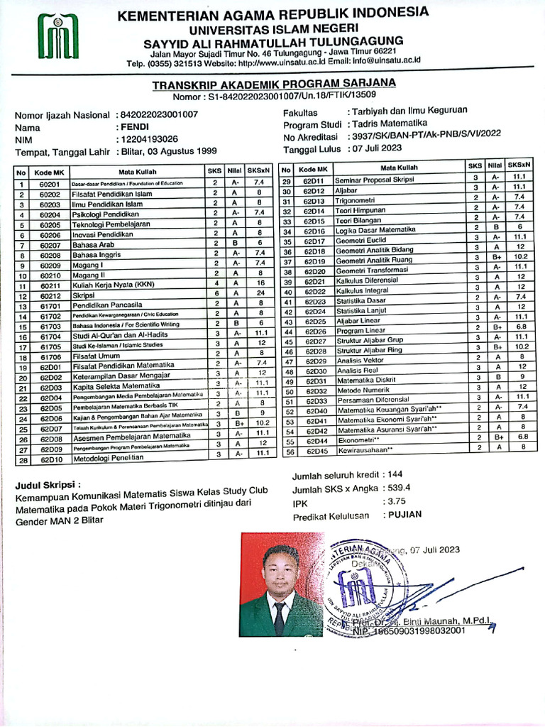 Transkrip Nilai s1 | PDF