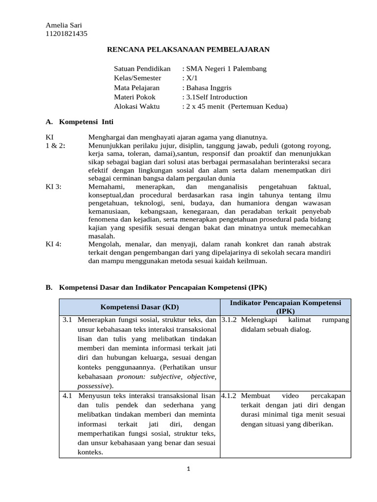 COMPLITED RPP KD 3. 1 Self Introduction Semester 1 Meeting 2 | PDF