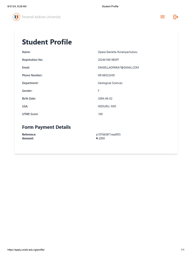Unizik Student Profile - 023103 | PDF | Social Science
