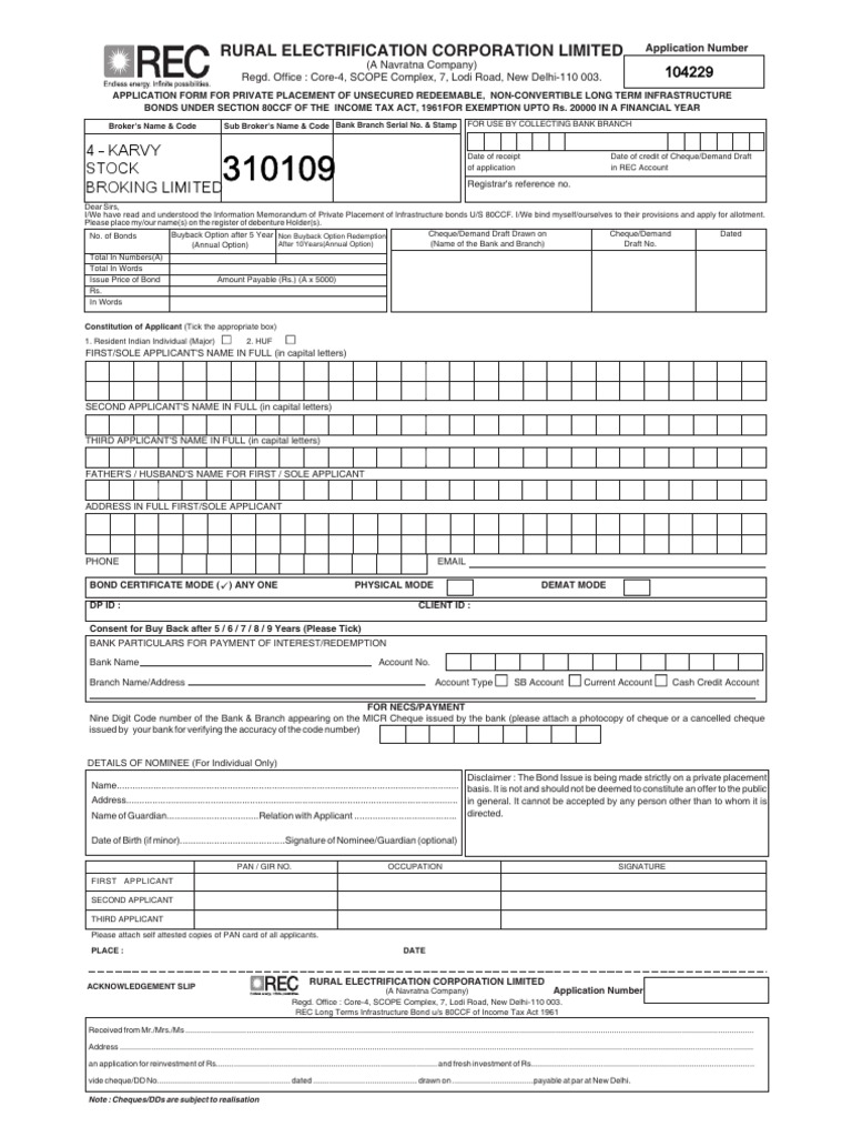 REC Infra Bond Application Form | Cheque | Bonds (Finance)