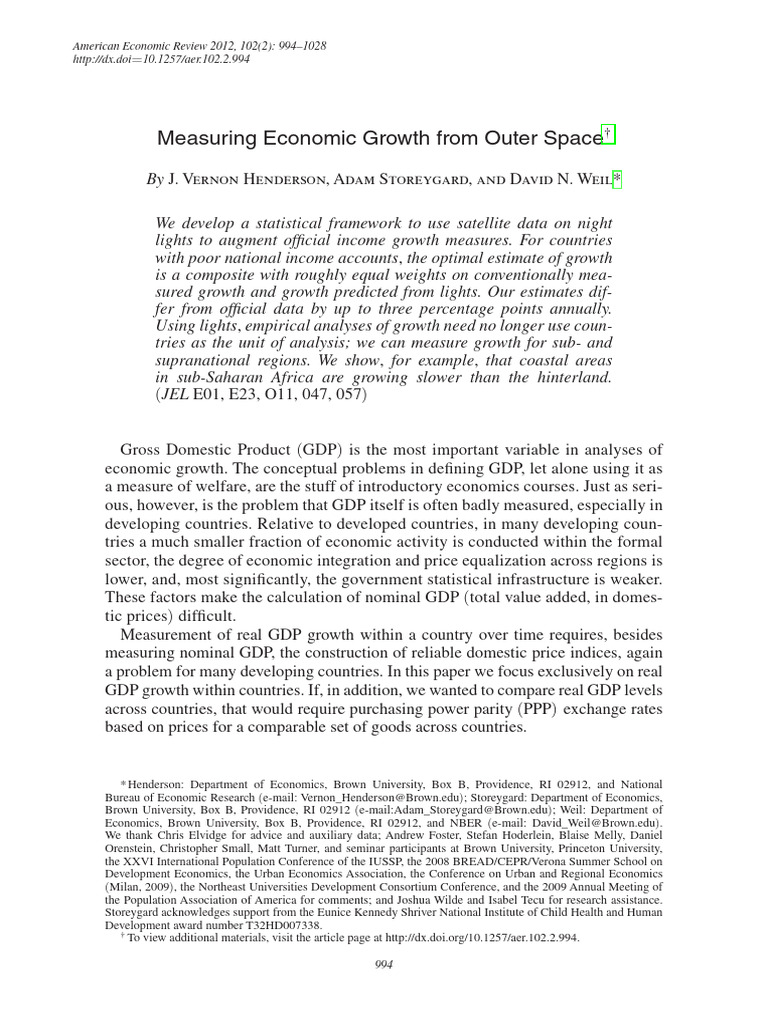 Measuring Economic Growth From Outer Space: American Economic Review 2012, 102 (2) : 994-1028 10 ...